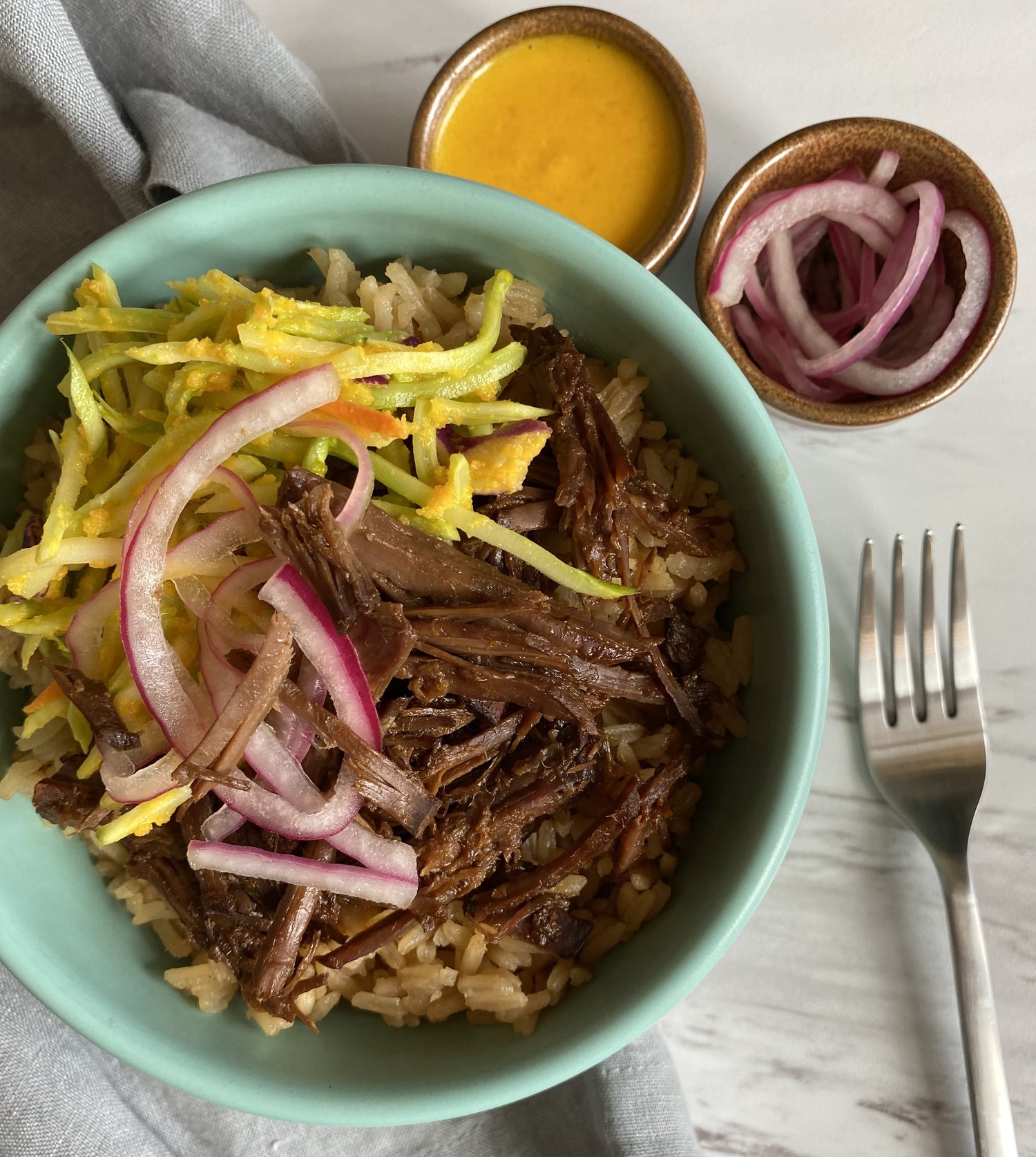 Crockpot Beef Bowls with a Carrot Ginger Broccoli Slaw